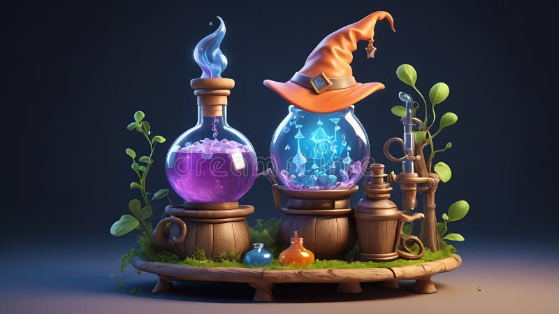 Conjuring Potion Ingredients with Witch Hat and Purple Elixir Stock ...