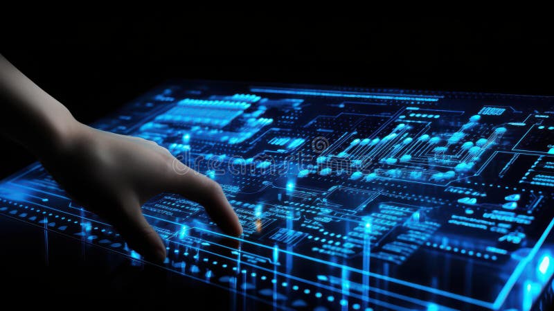 Explore the Future with a Mans Hand Navigating a Futuristic Digital ...