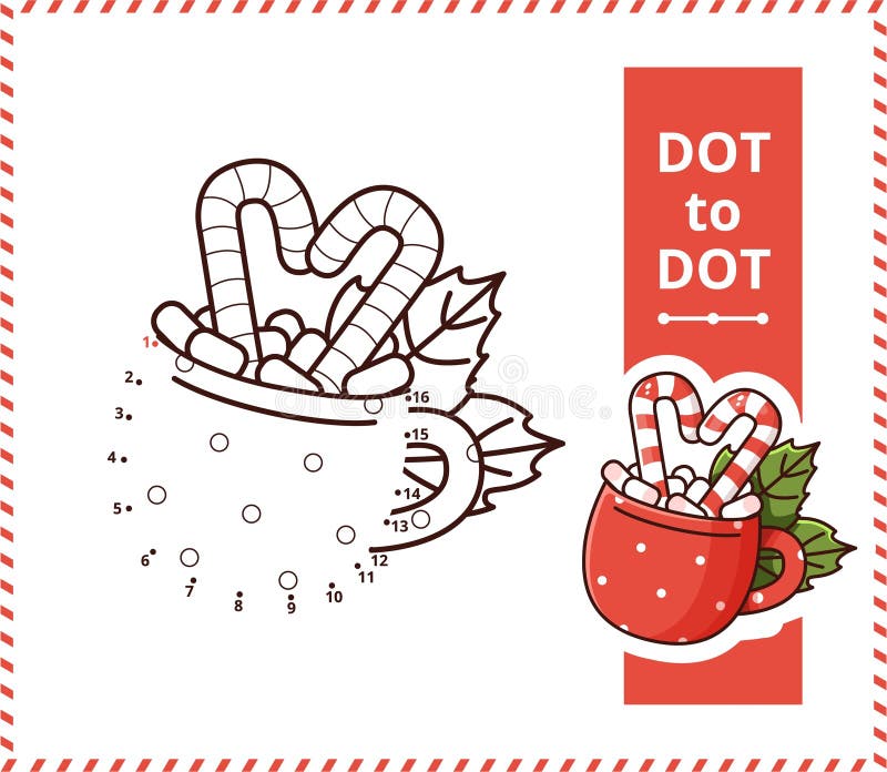 Connect the Dots and Draw Cartoon Cocoa with Marshmallow and Candy Cane ...