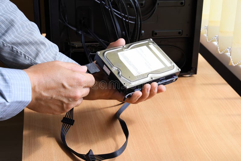 Connect Hands Power Plug in Hard Disk of Computer Memory Stock Photo ...