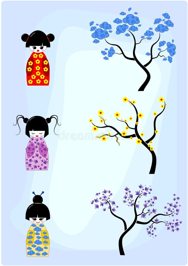 Connect Kokeshi Dolls To Trees Match Game Stock Vector - Illustration ...