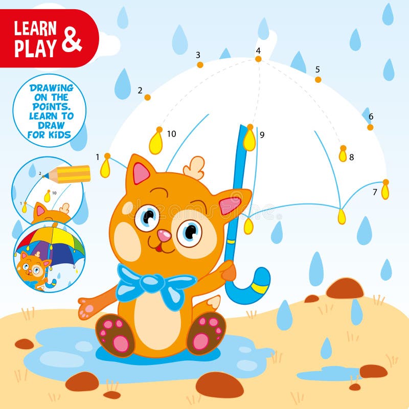 Connect Points with Numbers by Pencil and Draw Umbrella for Kitten. Use ...