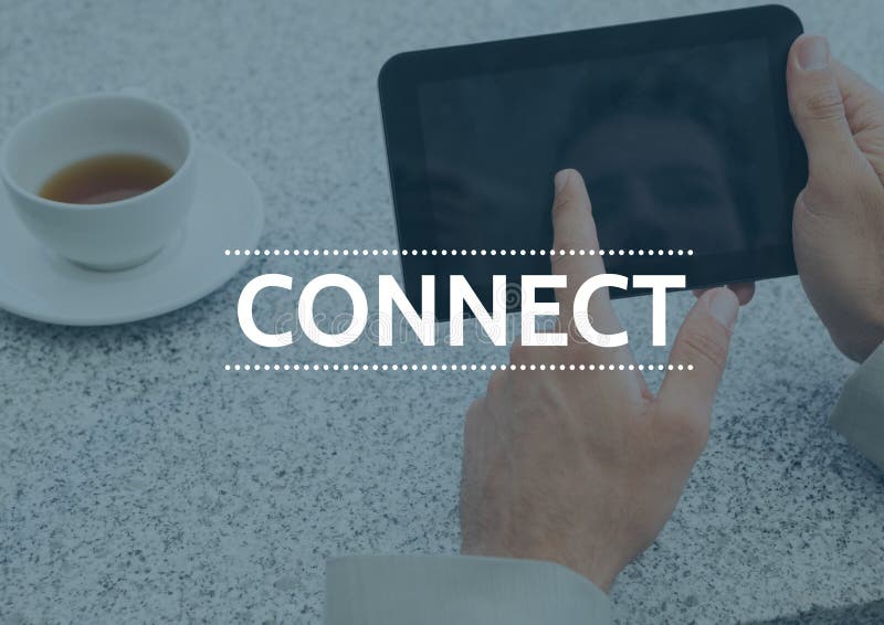 Connect Text Against Hands with Tablet and Coffee and Blue Overlay ...