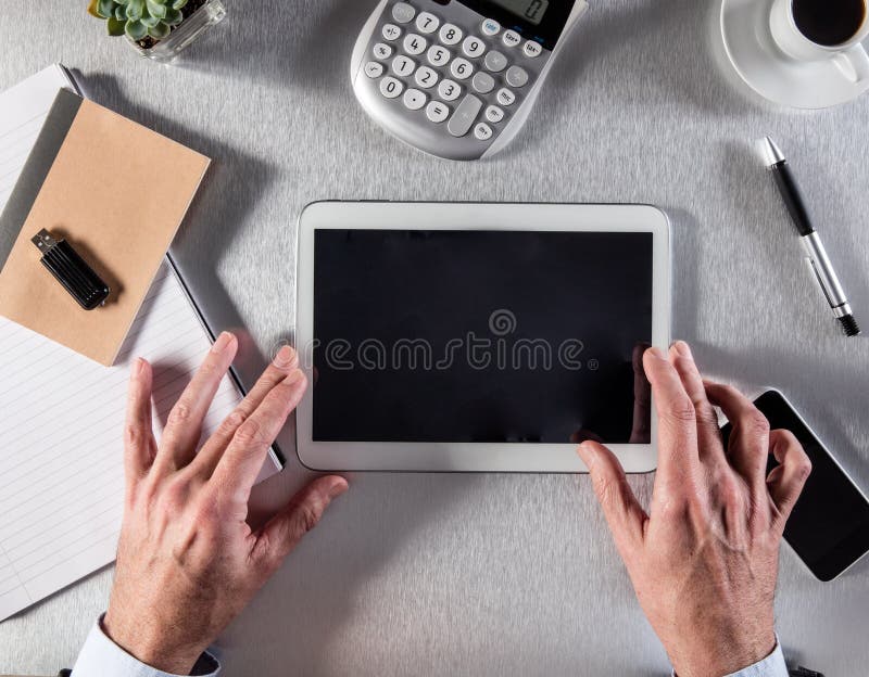 Connected Businessman Hands Working on Digital Tablet, Flat Lay Stock ...