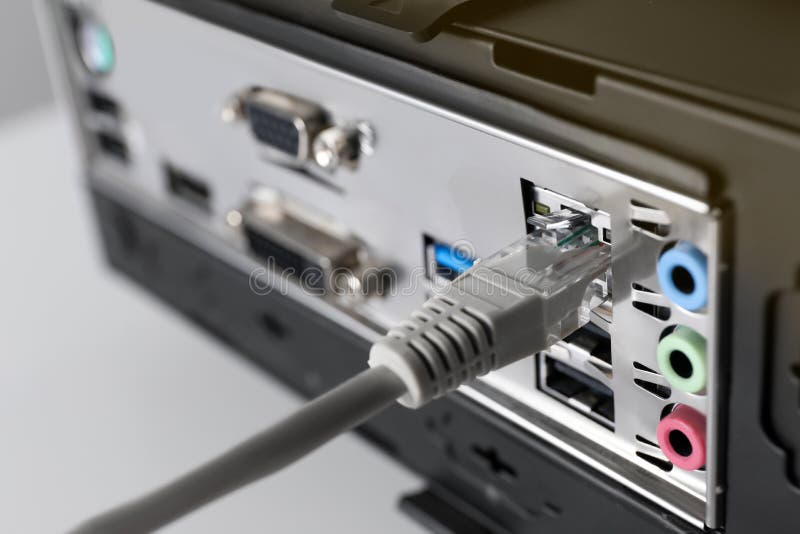 Connected Cable To Computer System Unit on Table, Closeup. Internet ...