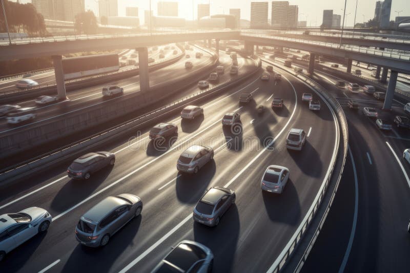 Connected Car, Changing Lanes on Busy Expressway, with View of Rush ...