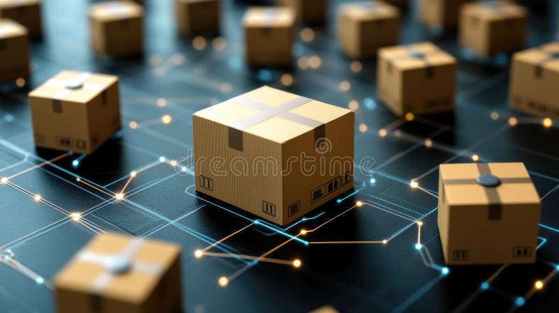 Connected Cardboard Boxes on Digital Network Representing Smart Supply ...