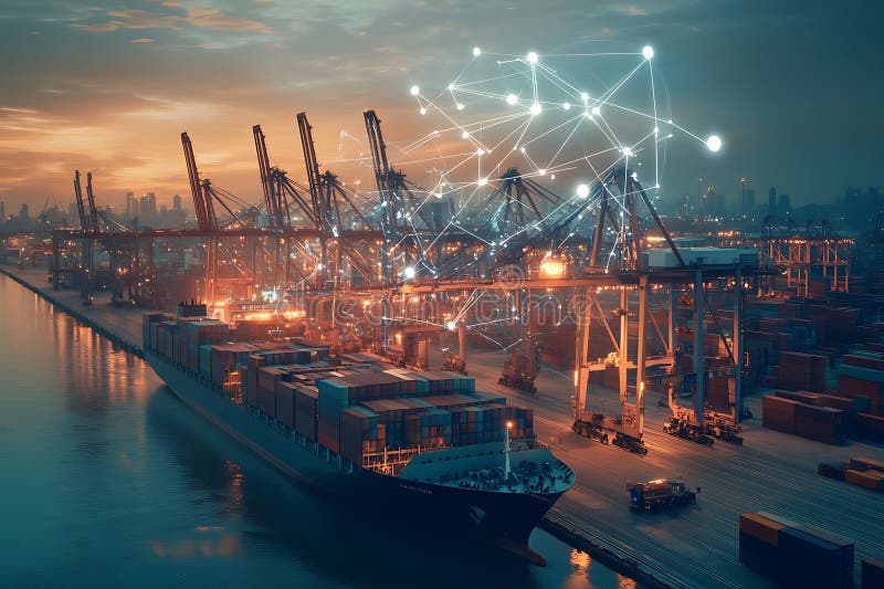 Connected Cargo: a Modern Port at Dusk Stock Illustration ...