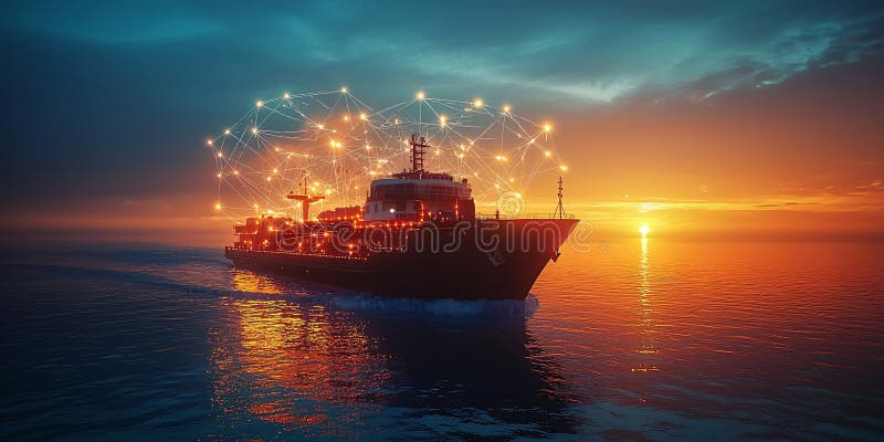 Connected Cargo Ship at Sunset Global Logistics Maritime Transport AI ...