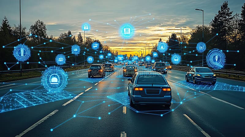 Connected Cars on Smart Road Stock Illustration - Illustration of ...