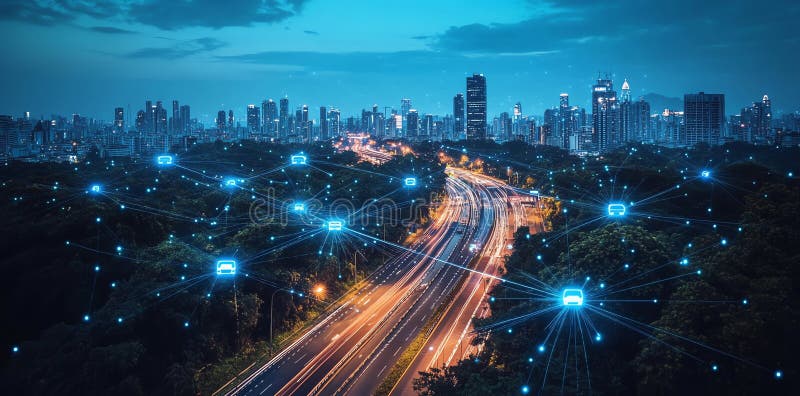 Connected City Skyline with Digital Network and Data Streams at Dusk ...