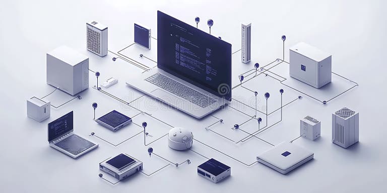 Connected Devices in a Data Network Featuring a Laptop with Code ...