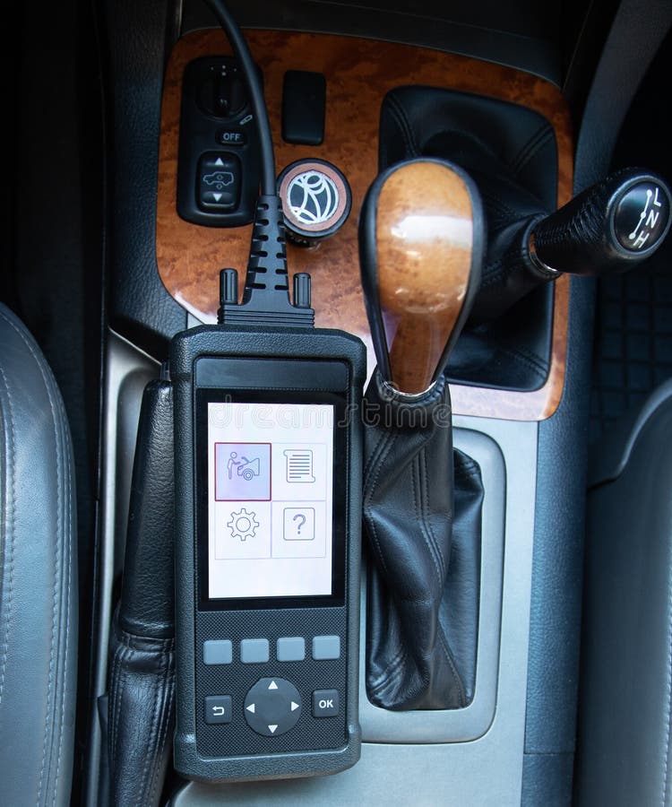 Connected Diagnostic Car Scanner in the Passenger Compartment, Top View ...