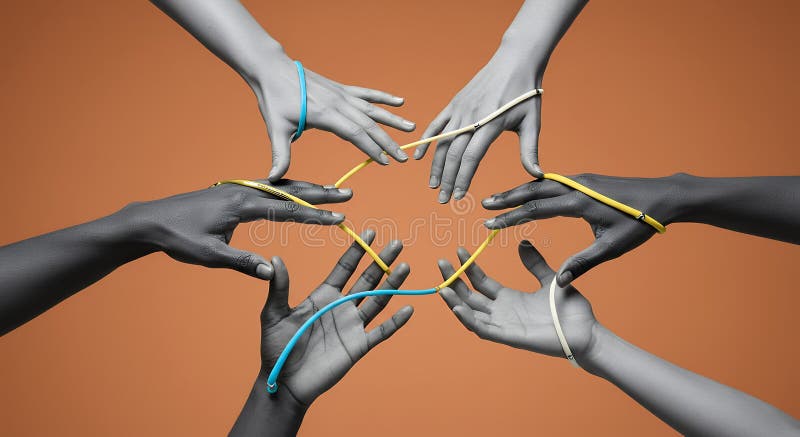 Connected Hands Diverse Adults Uniting with Colorful Strings ...