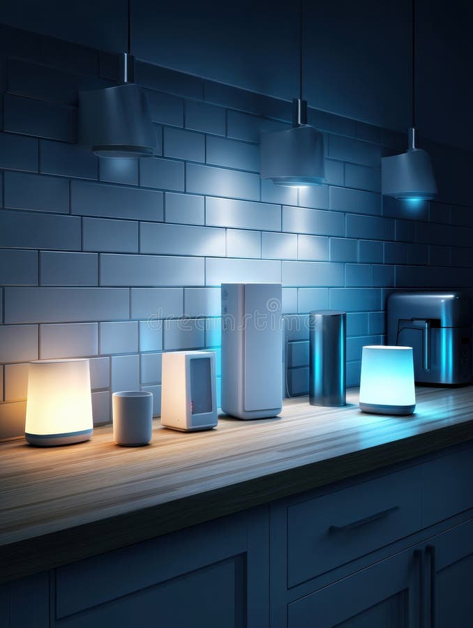 Connected Home Devices Illuminate a Modern Kitchen at Night with Soft ...