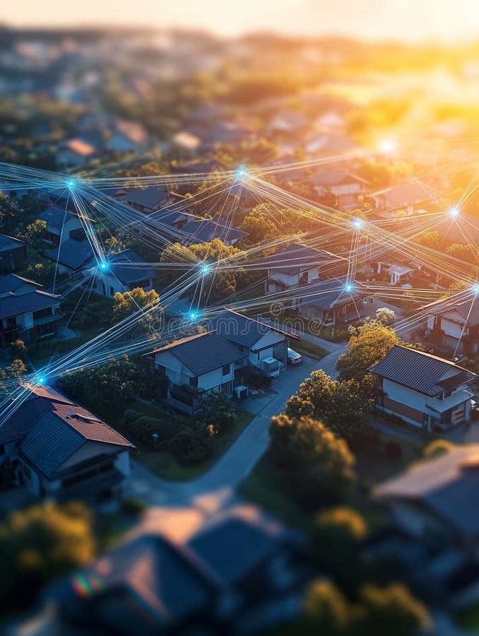 Connected Homes in a Smart Village during Sunset Showcasing Modern Technology Integration and ...