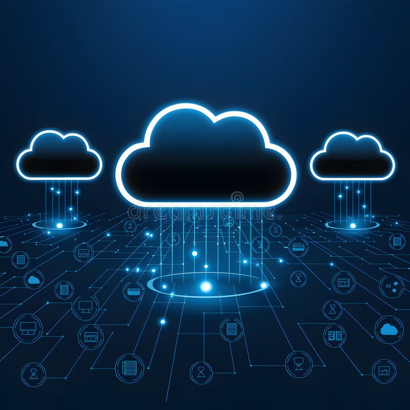 Connected Illuminated Clouds Symbolize Cloud Computing, Dark Background ...