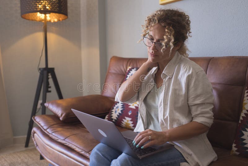 Connected Internet People Surfing the Net. Thoughtful Young Woman in ...