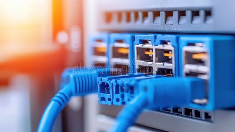 Connected Network Closeup of Blue Ethernet Cables Plugged into a Server ...