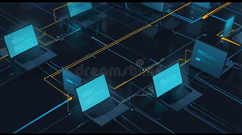 Connected Network of Laptops with Glowing Line Connections Stock ...