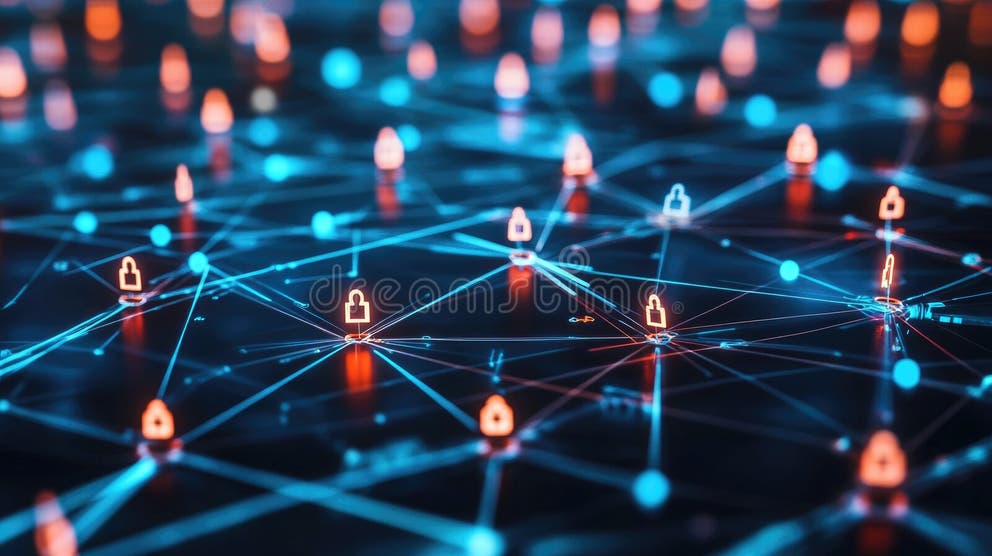 Connected Network with Lock Symbols Representing Cybersecurity and Data ...