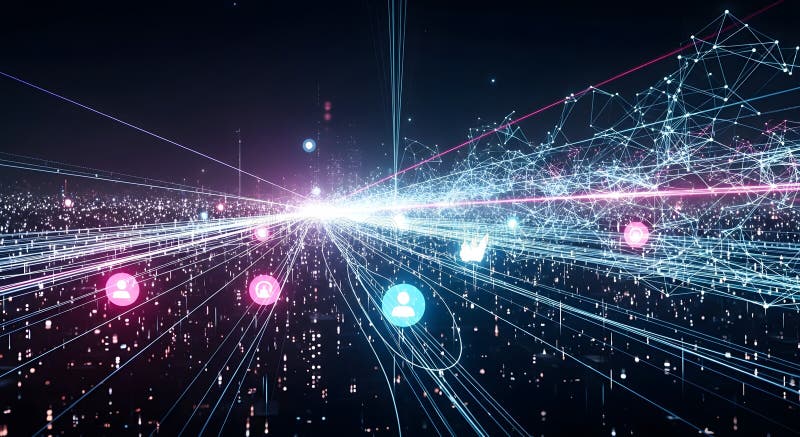 Connected Network Nodes and Data Flow Visualization with Glowing Lines ...