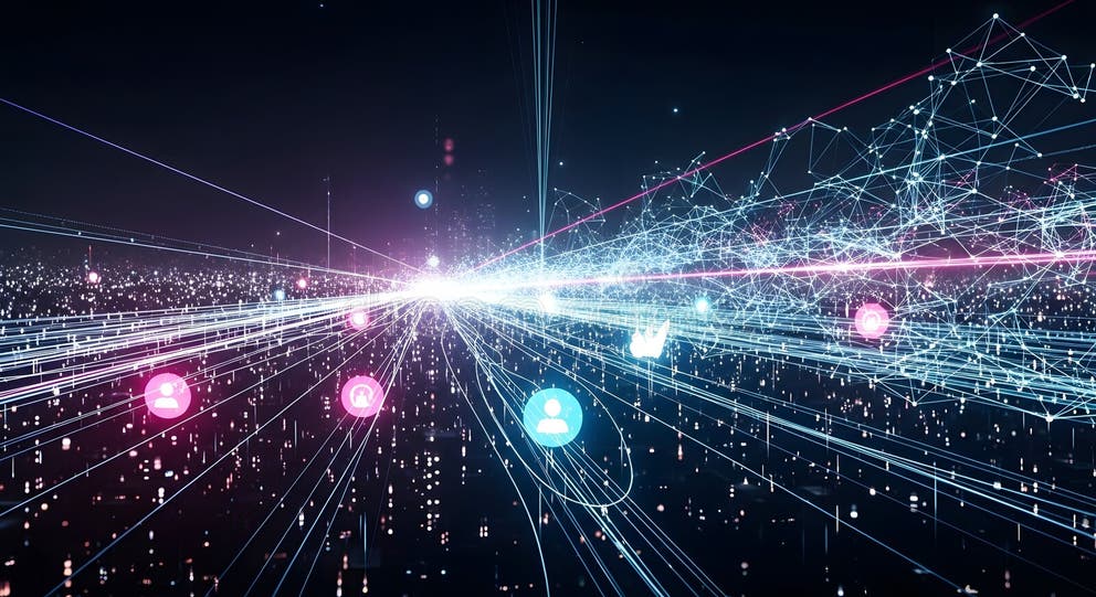 Connected Network Nodes and Data Flow Visualization with Glowing Lines ...