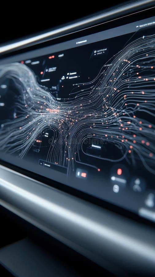 Connected Networks Flow Over a Dark Screen Interface. Data Streams with Glowing Lights Showing ...