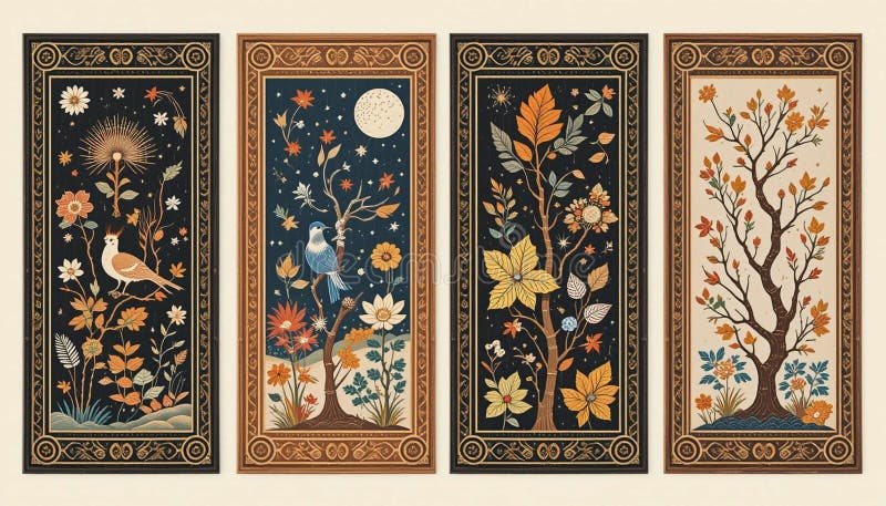 Seasonal Folk Art Panels — Spring, Monsoon, Autumn, Winter with ...