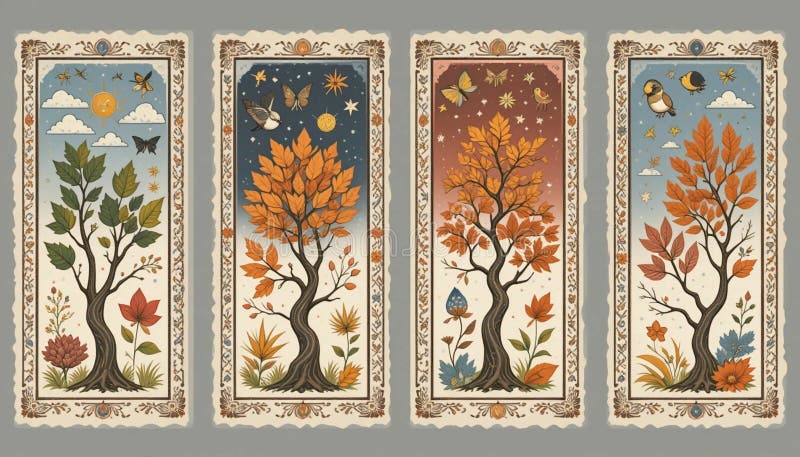 Seasonal Folk Art Panels — Spring, Monsoon, Autumn, Winter with ...