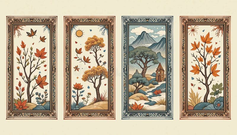 Seasonal Folk Art Panels — Spring, Monsoon, Autumn, Winter with ...