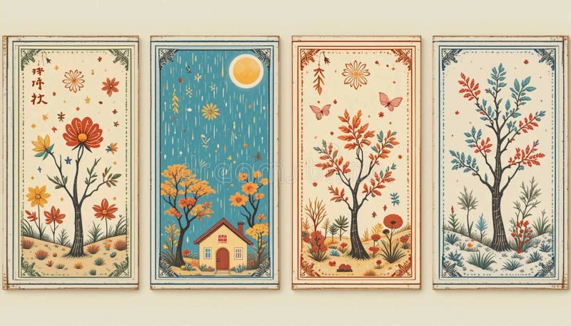 Seasonal Folk Art Panels — Spring, Monsoon, Autumn, Winter with ...