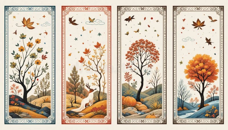 Seasonal Folk Art Panels — Spring, Monsoon, Autumn, Winter with ...