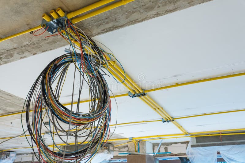 Connected To Power Lines, Cables and Pipes, PVC Wall Building Ma Stock ...