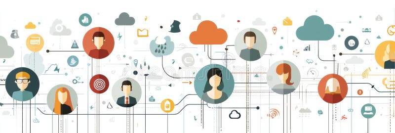Web of Interconnected Users and Cloud Icons Illustrating Digital Communication and Data Sharing ...