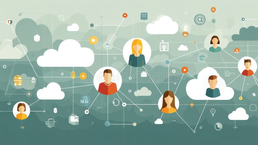 Connected Users and Cloud Icons Illustrating a Digital Network in Flat ...