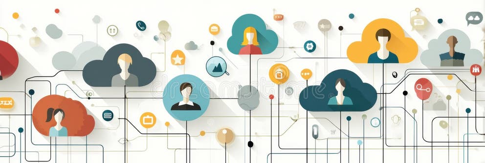 Connected Users Sharing Information through Cloud Icons in a Modern Digital Landscape Stock ...