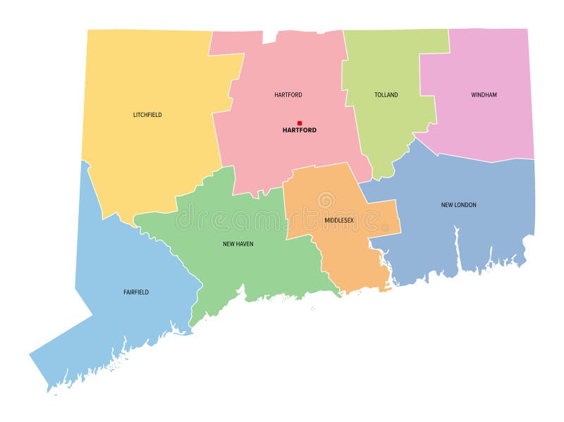 Connecticut, U.S. State, Subdivided into 8 Counties, Multi Colored Map ...
