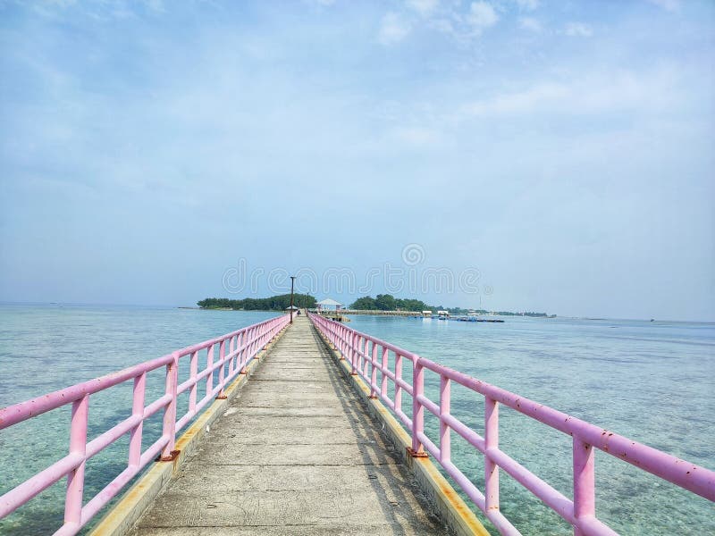 The Connecting Bridge between the Islands with a Pink Fence Stock Photo ...