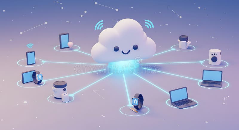 Connecting Devices To Smiling Cloud Network Illustration Stock ...
