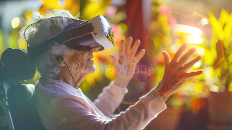Connecting Generations, Elderly Woman in Wheelchair Using VR, Virtual ...