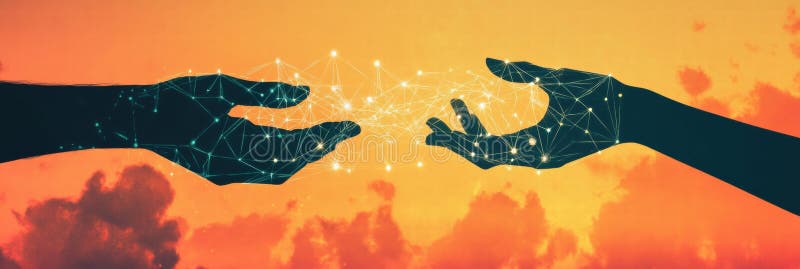 Connecting Hands Create a Network of Light in a Sunset Backdrop ...