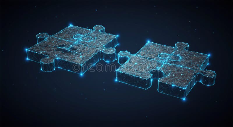 Connecting a Jigsaw Puzzle with Glowing Blue. Low Polygon or Low Poly ...