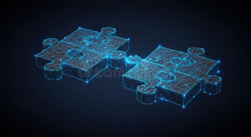 Connecting a Jigsaw Puzzle with Glowing Blue. Low Polygon or Low Poly ...