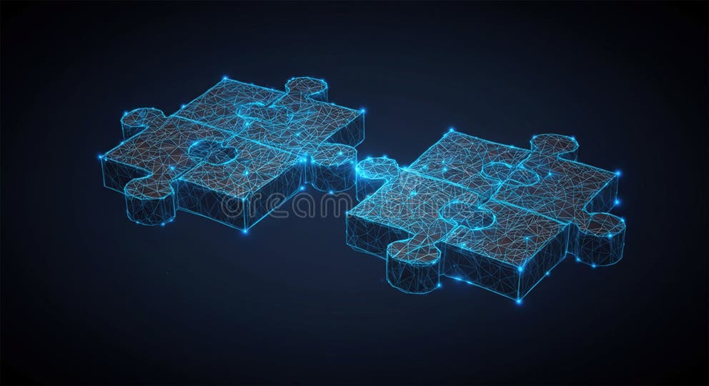 Connecting a Jigsaw Puzzle with Glowing Blue. Low Polygon or Low Poly ...