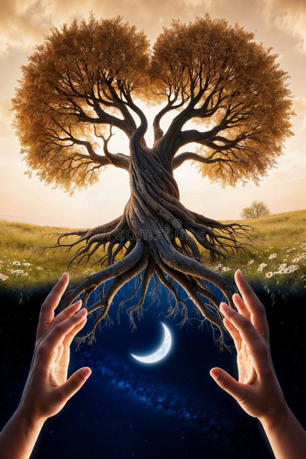 Connecting with Nature, Two Hands Reaching for a Glowing Tree Spanning ...