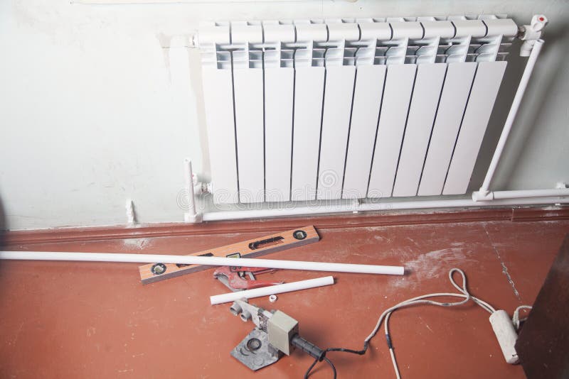 Connecting Plastic Pipe. Installing Water Heating Radiator Stock Image ...