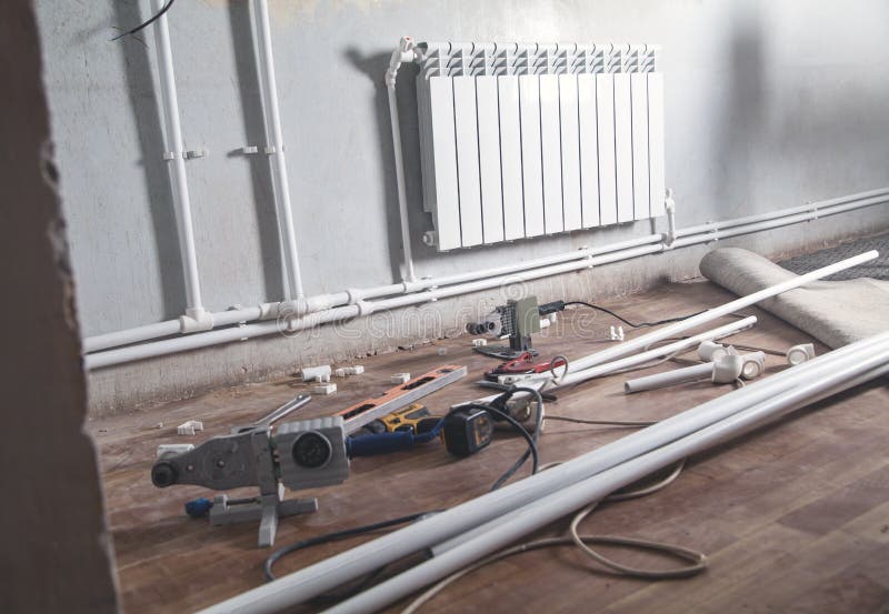 Connecting Plastic Pipe. Installing Water Heating Radiator Stock Photo ...
