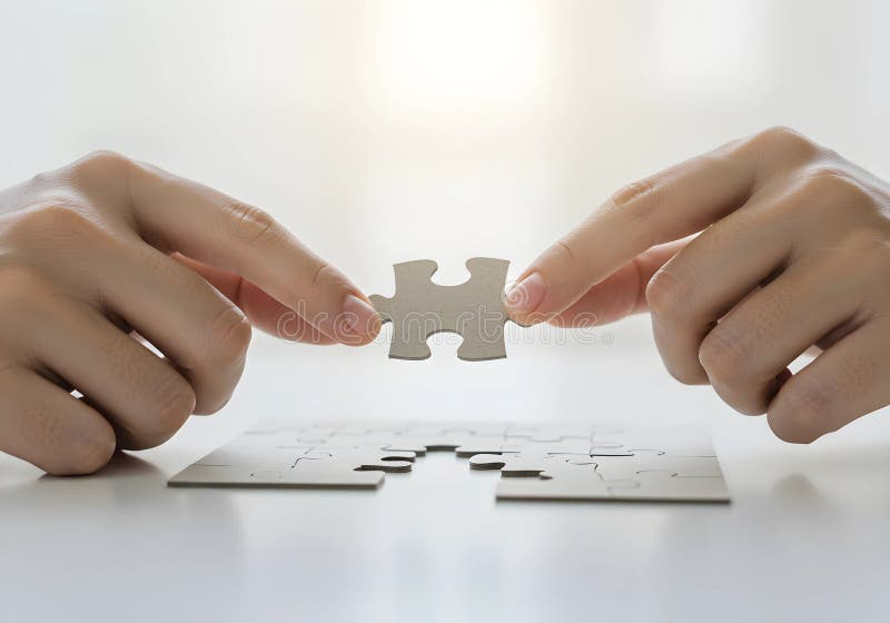 Connecting Puzzle Piece with Hands Completing the Solution on White ...