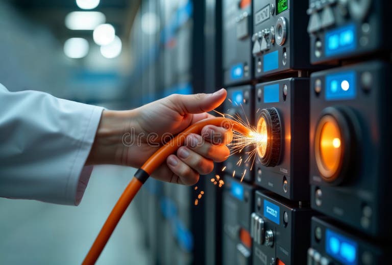 Hand Plugs Orange Cable into Server, Generative Ai Stock Illustration ...